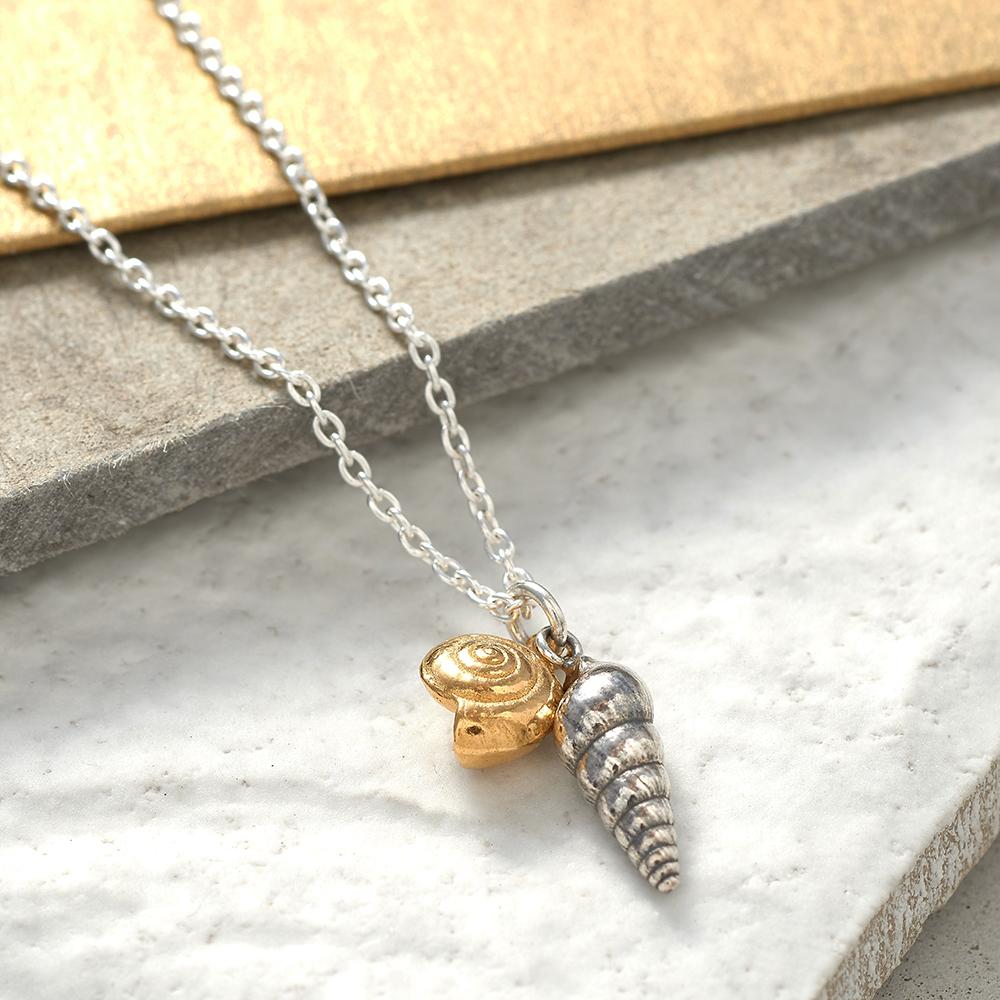 Double Seashell Necklace in Silver & 22ct Gold Vermeil | Handmade ...